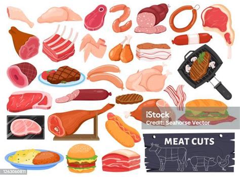 고기 벡터 일러스트 세트 만화 플랫 생 또는 구운 돼지 고기 쇠고기 양고기 또는 닭고기 뜨거운 구운 고기 스테이크와 함께 음식 컬렉션을 제공 닭고기에 대한 스톡 벡터 아트