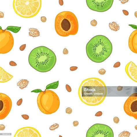 원활한 디자인 과일 패턴 유기 음식과 배경 화면 키위 살구 레몬 슬라이스와 직물과 섬유 디자인에 대한 배경 조리법에 대한 자연 신선한 열대 과일과 배경 벡터 0명에 대한