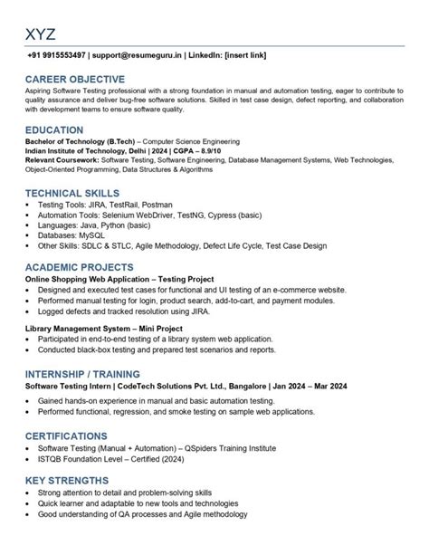 Sample Resume For Testing Freshers To Kickstart Qa Career 2025