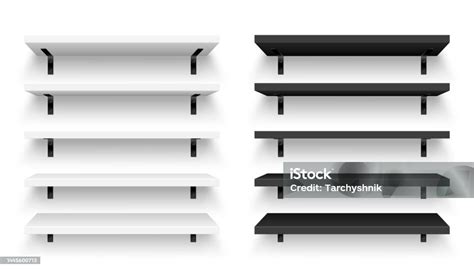벽걸이가있는 현실적인 상점 선반 빈 제품 선반 식료품 벽 선반 쇼핑몰 및 슈퍼마켓 가구 책장 현대 인테리어 디자인 요소 방 장식 벡터 그림 0명에 대한 스톡 벡터 아트 및