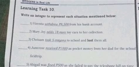 integers in real life learning task 10 write an integer to represent