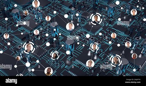 Composition Of Network Of Connections With Peoples Photographs Over