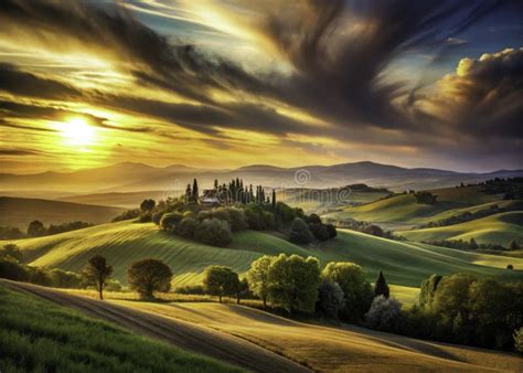 Breathtaking Long Exposure Sunset Over The Tuscan Countryside A Scenic