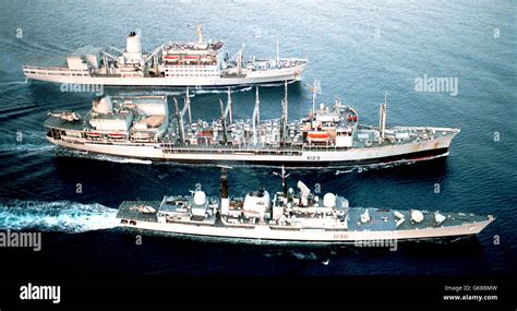 The Royal Fleet Auxilary Tanker Olna Centre Refuels The Newly Arrived