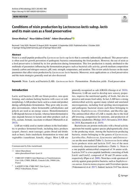 Conditions Of Nisin Production By Lactococcus Lactis Subsp Lactis And Its Main Uses As A Food