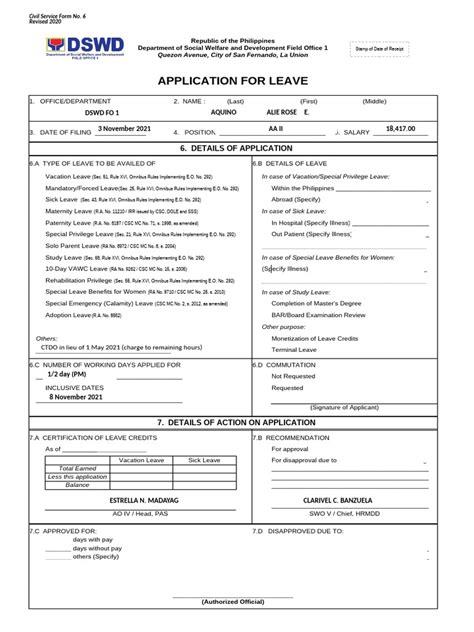 Cs Form No 6 Revised 2020 Application For Leave Fillable Pdf