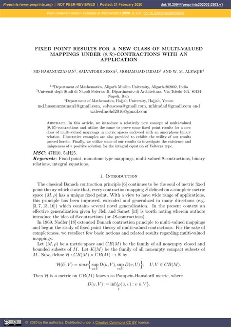 Pdf Fixed Point Results For A New Class Of Multi Valued Mappings Under θ R Contractions