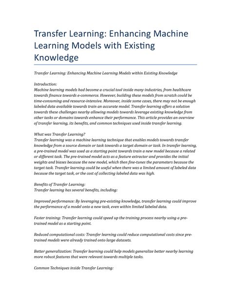 Transfer Learning Enhancing Machine Learning Models With Existing Knowledge Transfer Learning