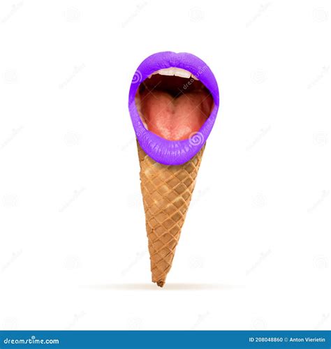Open Female Mouth As Ice Cream Topping Contemporary Art Collage Stock