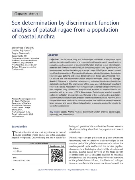 Sex Determination By Discriminant Function Analysis Of Palatal Rugae From A Population Of