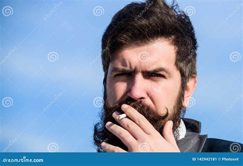Taking Smoking Pause Bearded Man Smoking Cigarette Smoke Brutal Caucasian Hipster With