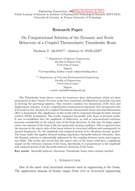 Pdf On Computational Solution Of The Dynamic And Static Behaviour Of A Coupled Thermoelastic