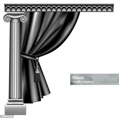 빈티지 조각 흑백 고대 기둥의 양식화 된 그림 술과 장식용 처마 장식이 달린 클래식 커튼 흰색 바탕에 고립 새긴 이미지에 대한 스톡 벡터 아트 및 기타 이미지 Istock