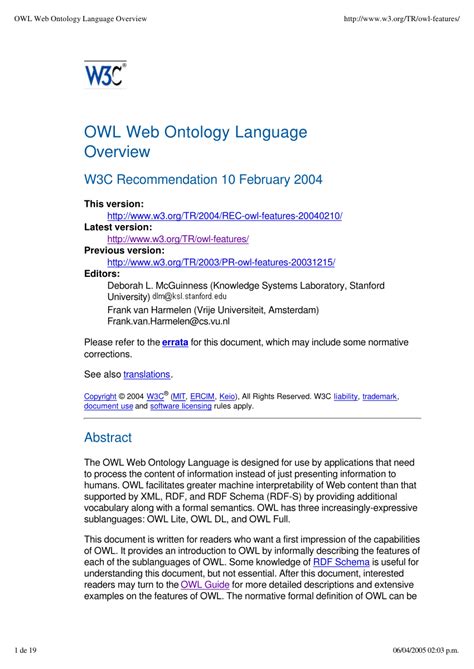 Pdf Owl Web Ontology Language Overview