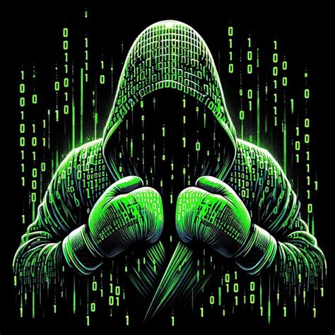 Cyber Boxer In Digital Matrix Green Hooded Figure With Binary Code