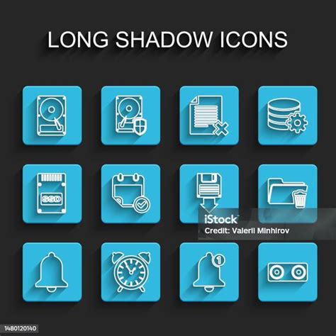 라인 벨소리 벨 알람 시계 하드 디스크 드라이브 Hdd 벨 스테레오 스피커 확인 표시가있는 캘린더 폴더 삭제 및 플로피 백업 아이콘을 설정합니다 벡터 고체에 대한 스톡 벡터