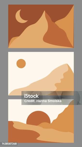 현대 추상 미니멀리스트 풍경 포스터 사막 태양 달 낮과 밤 장면 파스텔 색상 지구 톤 보호 미드 센추리 프린트 플랫 디자인 스톡 벡터 일러스트 레이 션 0명에 대한 스톡