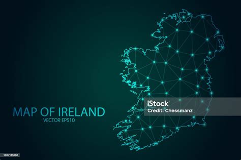 아일랜드지도 다크 그라데이션 배경에 빛나는 점과 선 비늘 3d 메쉬 다각형 네트워크 연결 아일랜드 북유럽에 대한 스톡 벡터 아트 및 기타 이미지 Istock