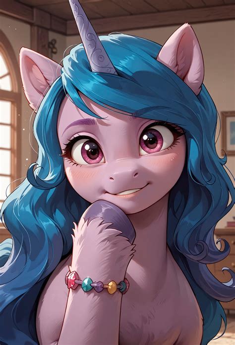 Иззи Мунбоу молодая пони из Мой маленький пони G5 сидит элегантно в уютной комнатеИззи Мунбоу