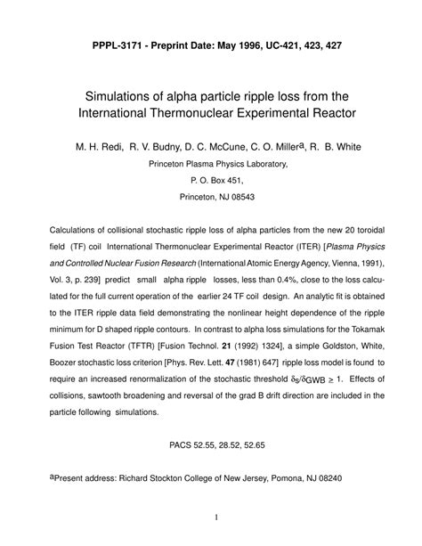 Pdf Simulations Of Alpha Particle Ripple Loss From The International Thermonuclear