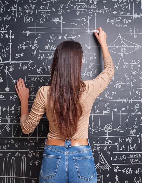 Female Scientist Solving Complex Equations On Chalkboard Advanced Mathematics And Physics Stock