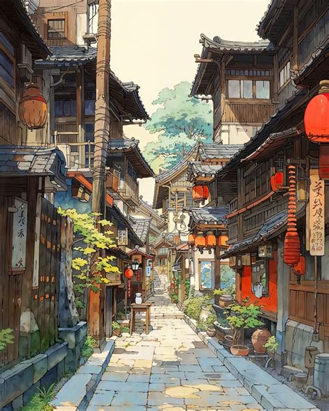 Japanese Village Wall Art Digital Painting Decor Traditional Japanese