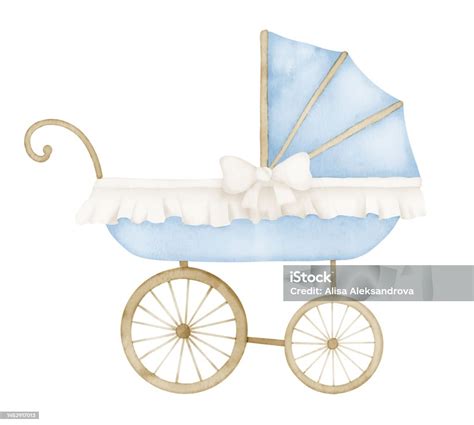 빈티지 스타일의 수채화 베이비 유모차 귀여운 파스텔 블루와 베이지 색상의 레트로 유모차 고립 된 배경에 어린이를위한 운송 신생아