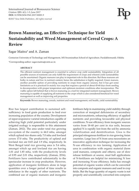 Pdf Brown Manuring An Effective Technique For Yield Sustainability