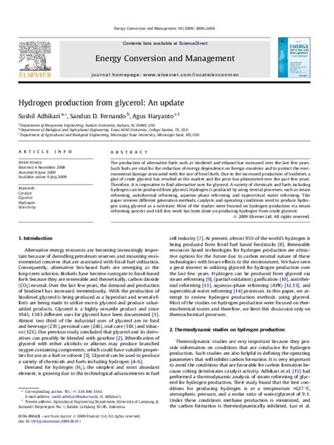Pdf Hydrogen Production From Glycerol An Update