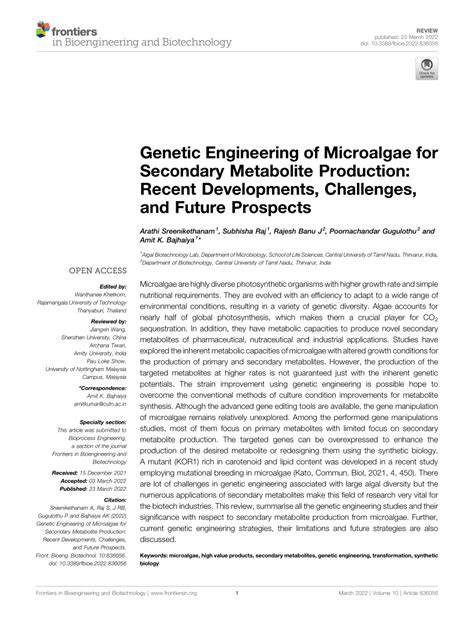 Pdf Genetic Engineering Of Microalgae For Secondary Metabolite Production Recent Developments