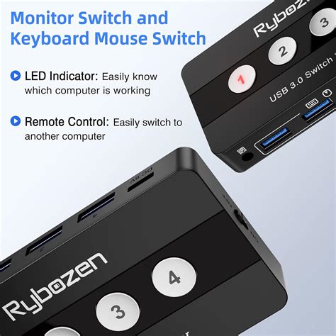 Rybozen Usb 2 0 Switch Selector Share 3 Usb Devices Between 4 Pcs With One Button Swapping In
