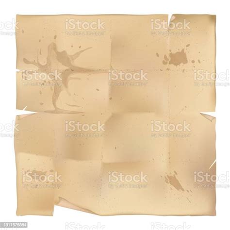 구부러지고 찢어진 가장자리가 있는 오래된 종이 한 장과 흔적이 구부러져 오래된 얼룩이 있습니다 사실적인 스타일로 흰색 배경에