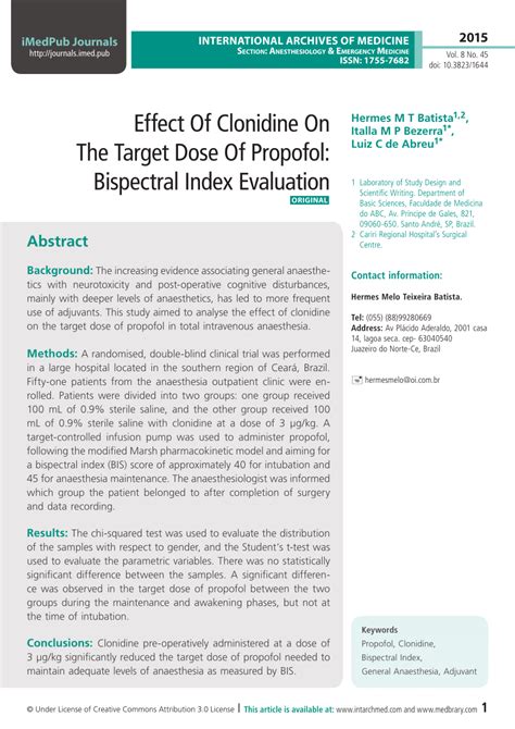 Pdf Effect Of Clonidine On The Target Dose Of Propofol Bispectral Index Evaluation