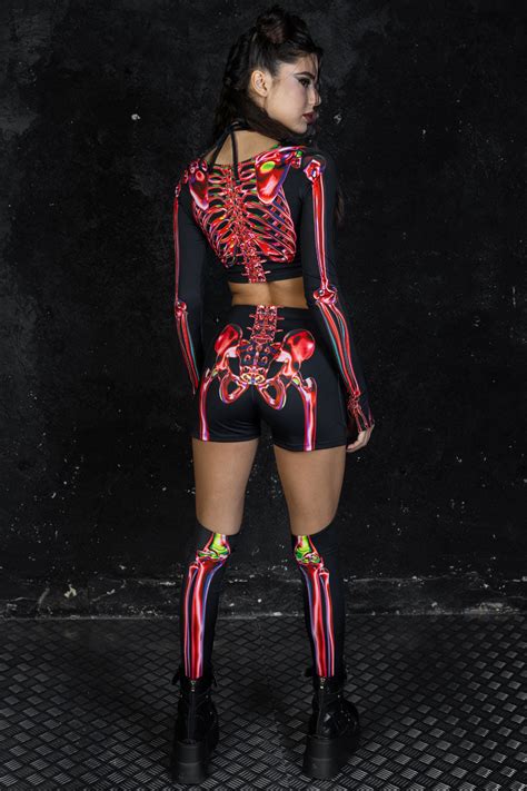 Ruby Skeleton Garter Leggings For Halloween In Red Devil Walking