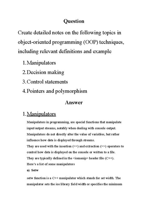 Oop Object Oriented Programing Question Create Detailed Notes On The Following Topics In