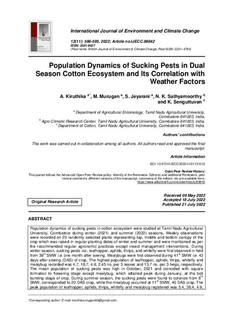 Pdf Population Dynamics Of Sucking Pests In Dual Season Cotton Ecosystem And Its Correlation