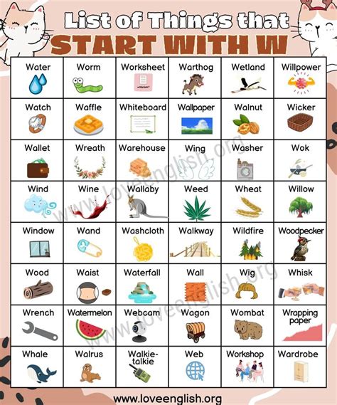 Letter W Words List