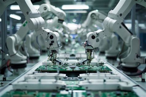 Advanced Robotic Arms Assembling Circuit Boards In A Tech Factory Stock