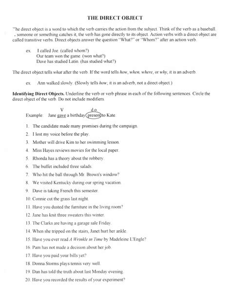 Direct Object Worksheet Pdf
