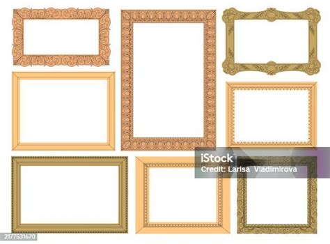 황금 장식 프레임 세트입니다 초상화 풍경 및 정물화를 위한 장소입니다 거울 그림 또는 사진을 위한 값비싼 프레임 텍스트를 위한 위치입니다 평면 벡터 그림입니다 액자에 대한