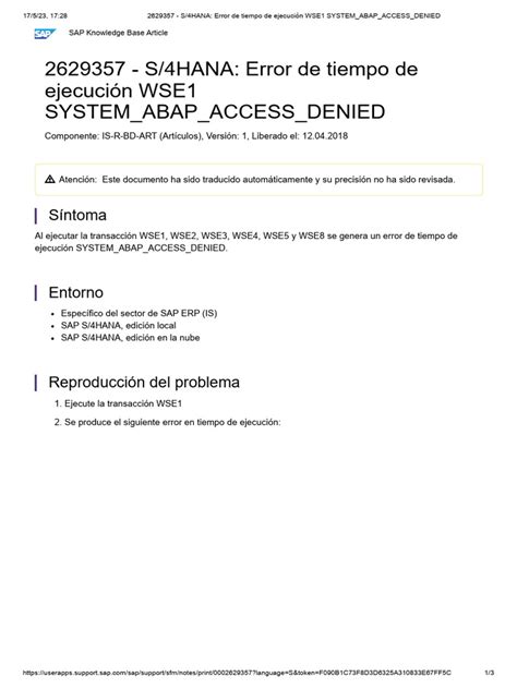 S 4hana Error De Tiempo De Ejecución Wse1 System Abap Access Denied Pdf