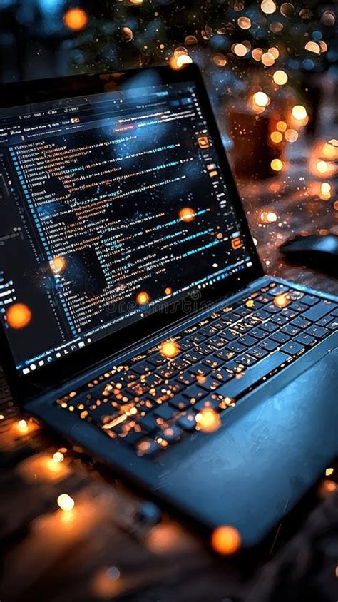 Laptop Displaying Code With Blurred Background Of Lights Creates Cozy