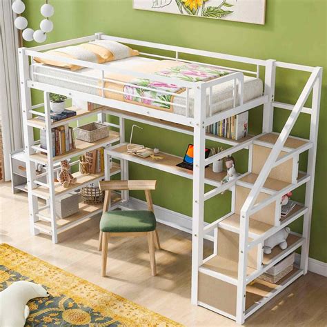 Polibi Twin Size Metal Loft Bed With Staircase Built In Desk And Storage Shelves White Rs