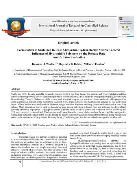 Pdf Original Article Formulation Of Sustained Release Urpjournals