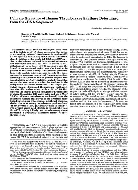 Pdf Primary Structure Of Human Thromboxane Synthase Determined From The Cdna Sequence