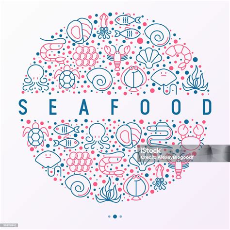 얇은 선 아이콘 원에서 해산물 개념 랍스터 생선 새우 낙 지 굴 장 어 해 초 게 진입로 거북 레스토랑 메뉴에 대 한 최신 벡터 일러스트입니다 개념에 대한 스톡 벡터 아트