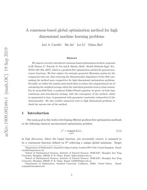 Pdf A Consensus Based Global Optimization Method For High Dimensional Machine Learning Problems