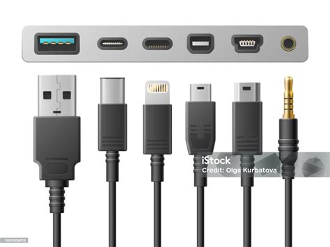 현실적인 Usb 유형 스마트 폰 포트 소켓이 다른 케이블 디지털 장치 커넥터 3d 가제트 통신 미니 및 마이크로 번개 컴퓨터 케이블 커넥터 Utter 벡터 세트 Usb
