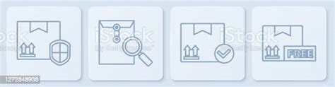 방패와 라인 배달 팩 보안을 설정 체크 마크 패키지 상자 돋보기와 봉투와 무료 기호와 골판지 상자 흰색 정사각형 버튼 벡터