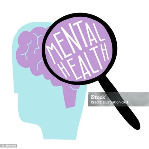 뇌가 있는 머리 텍스트 정신 건강 루페 정신 건강과 일상적인 문제 스트레스와 마감일 응력 허용 오차 플랫 디자인 레터링 과 개념 0명에 대한 스톡 벡터 아트 및 기타 이미지